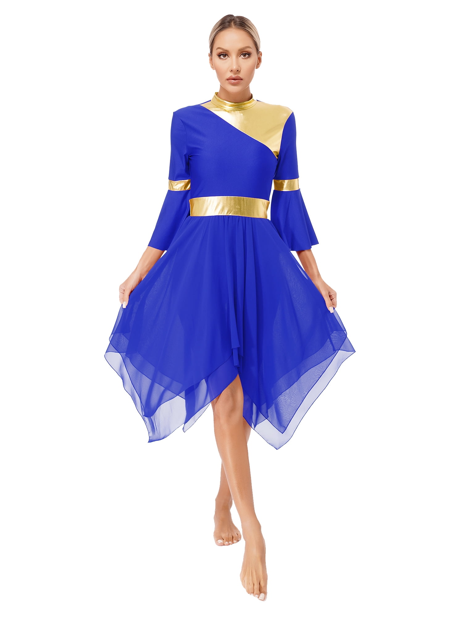 Aislor Women 34 Flared Sleeve Asymmetrical Midi Dance Lyrical Dress Blue S