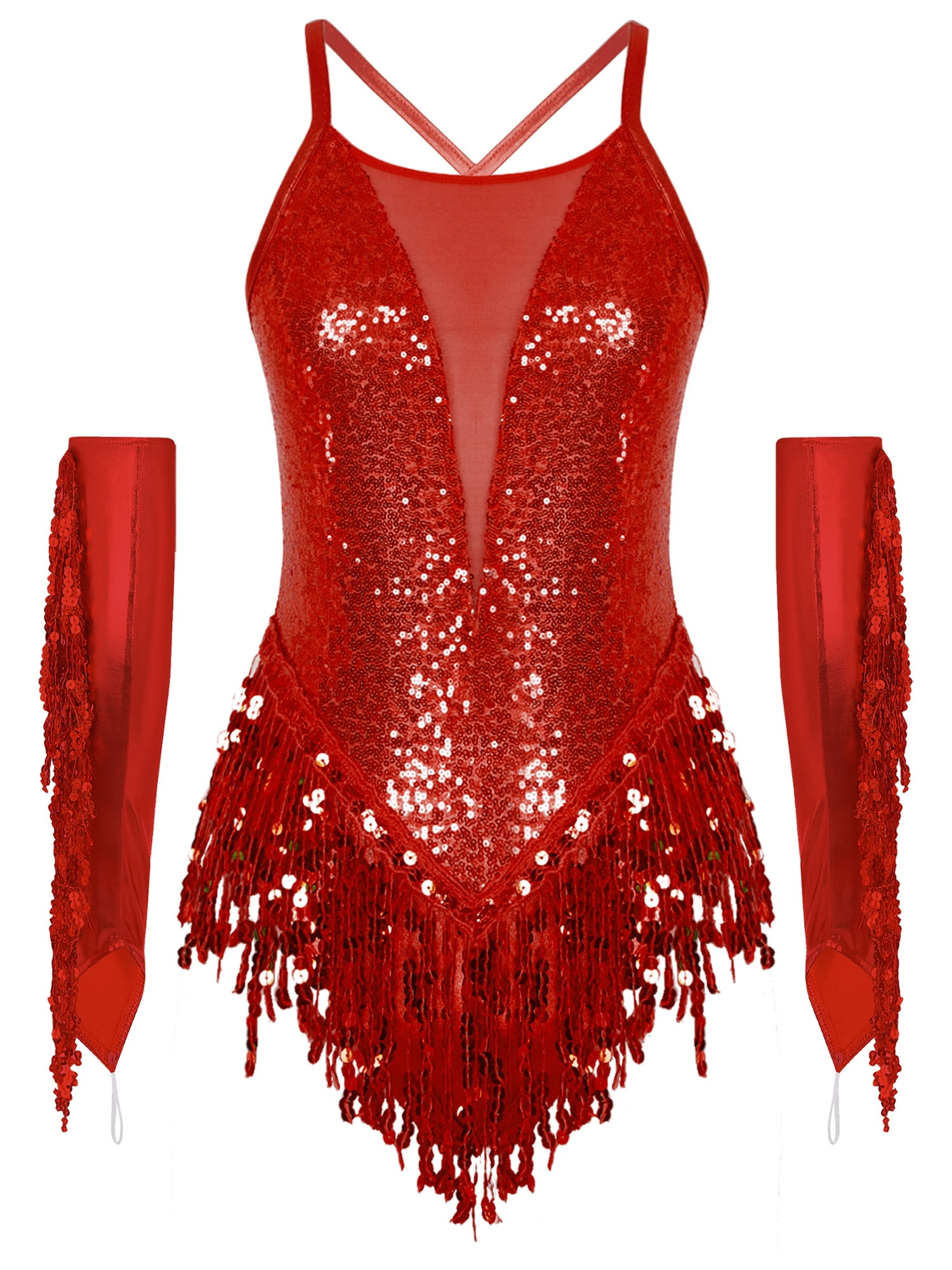 Aislor Women Fringed Latin Salsa Dance Costume Sleeveless Sequins ...