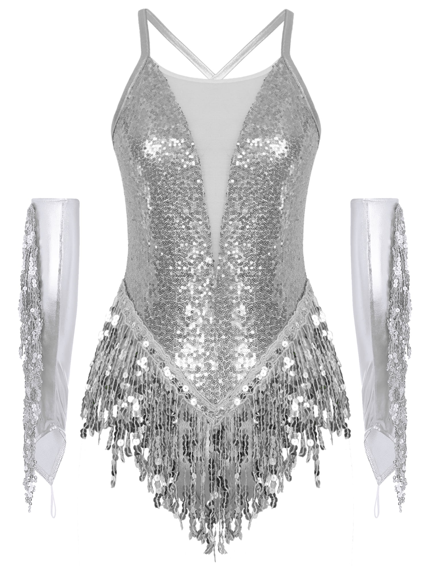 Aislor Women Fringed Latin Salsa Dance Costume Sleeveless Sequins ...