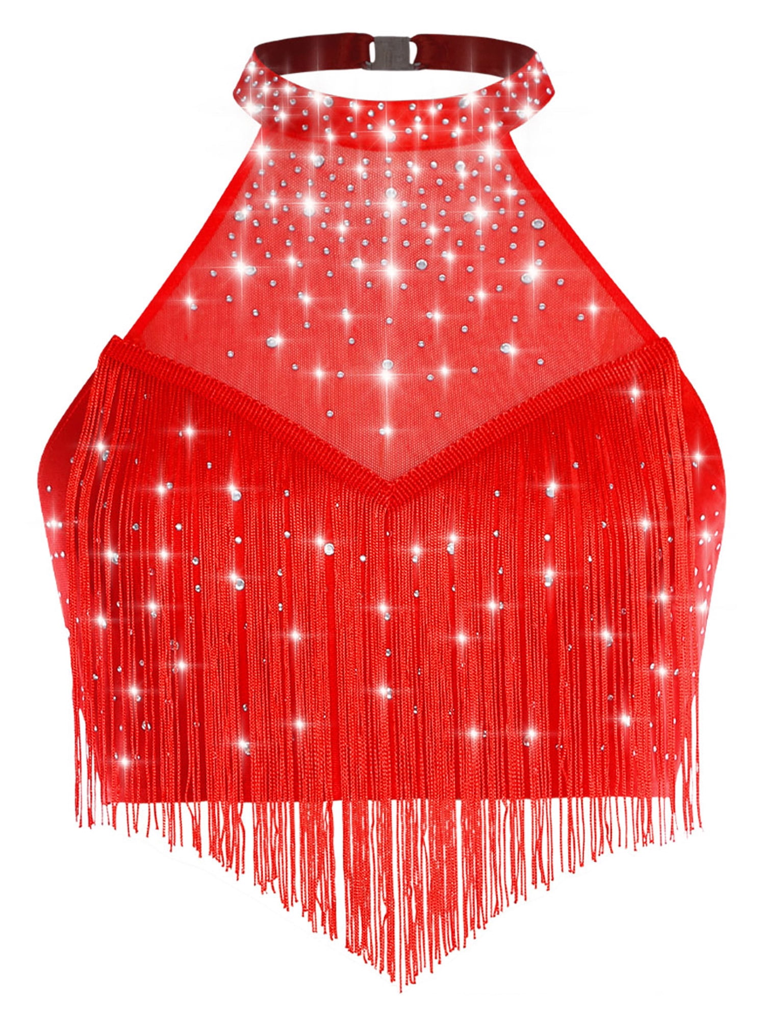 Aislor Women Glitter Tassel Dance Top Sleeveless Halter Neck Crop Tops ...