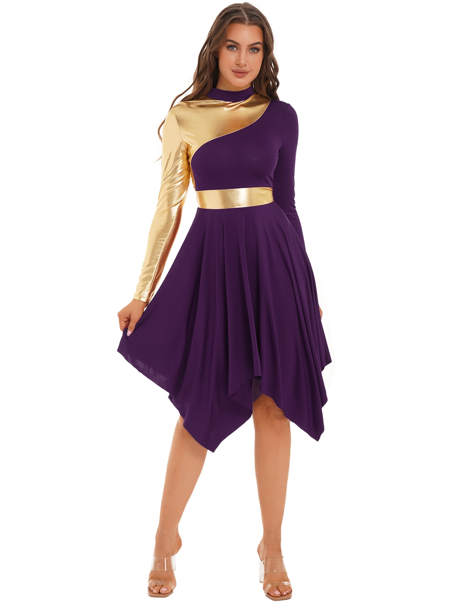 Aislor Women Metallic Color Block Liturgical Praise Dance Dress Church ...