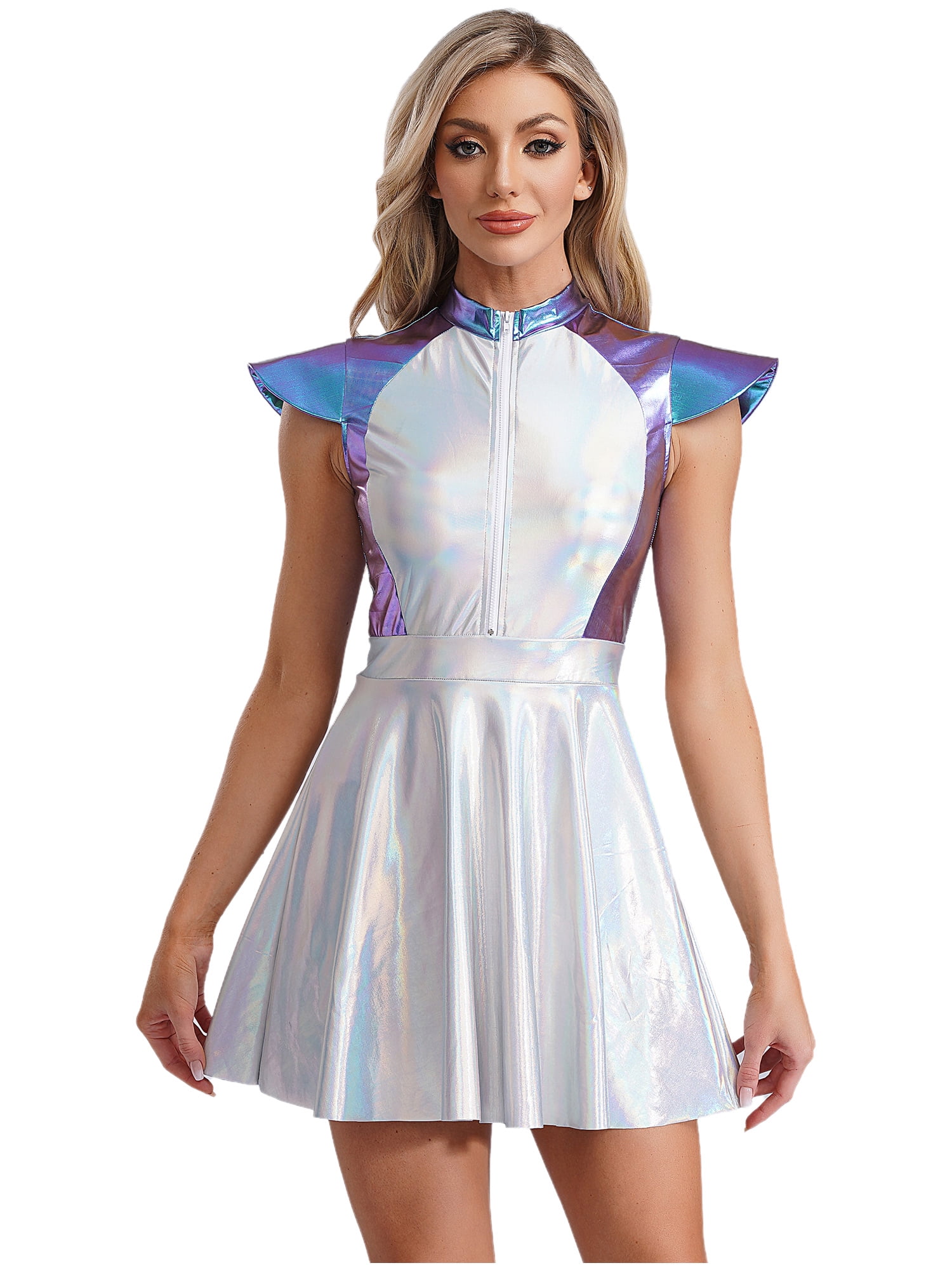 Aislor Women Metallic Space Alien Cosplay Costume Cap-Sleeve Zipper A ...