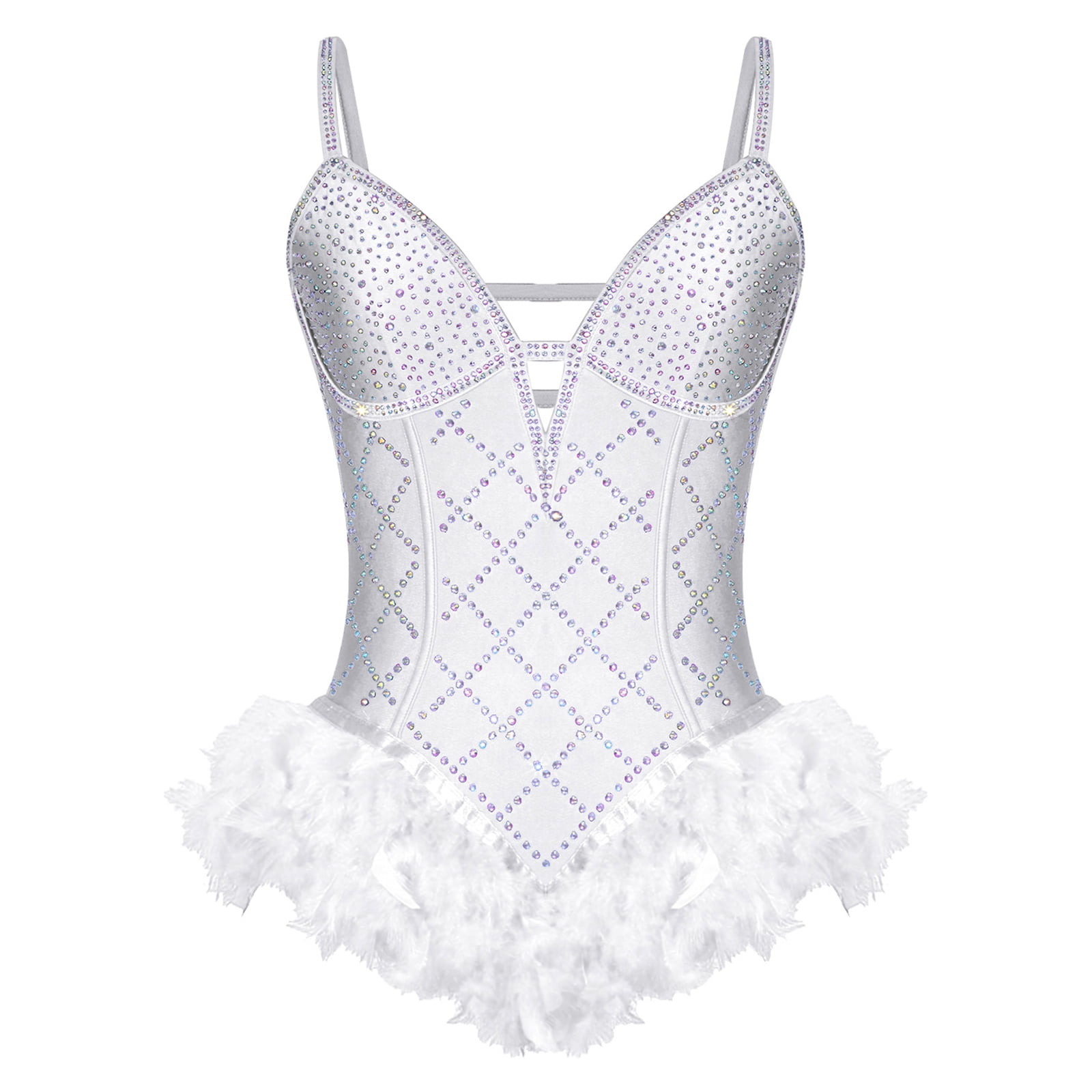 Aislor Women Rhinestones Feather Dacne Leotard Sleeveless Ballet ...