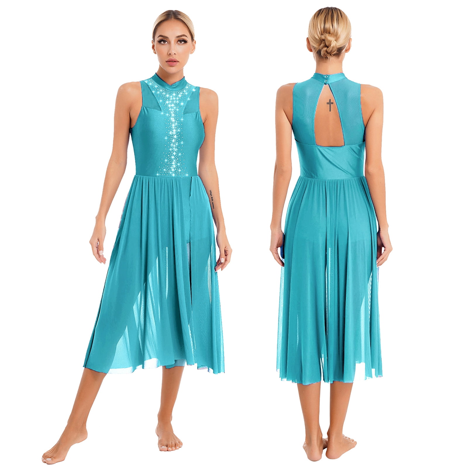 Aislor Women Shiny Rhinestone Sleeveless Dance Performance Costume Back Keyhole Maxi Dress Lake ...
