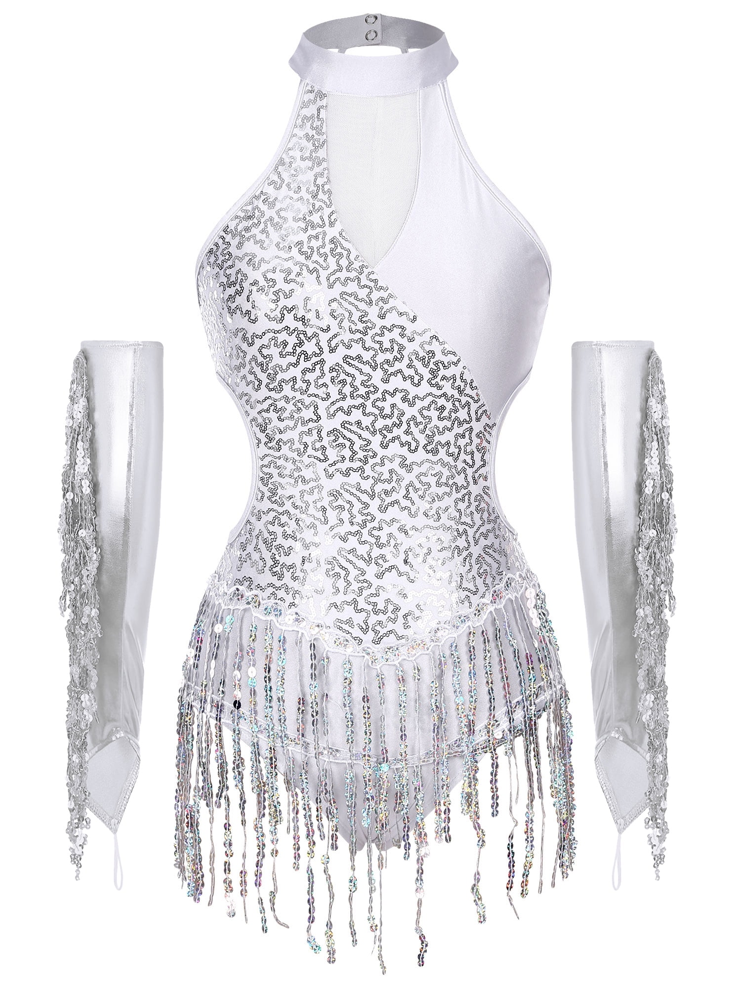 Aislor Women's 2 Piece Salsa Samba Latin Dance Costume Sequin Bodysuit ...