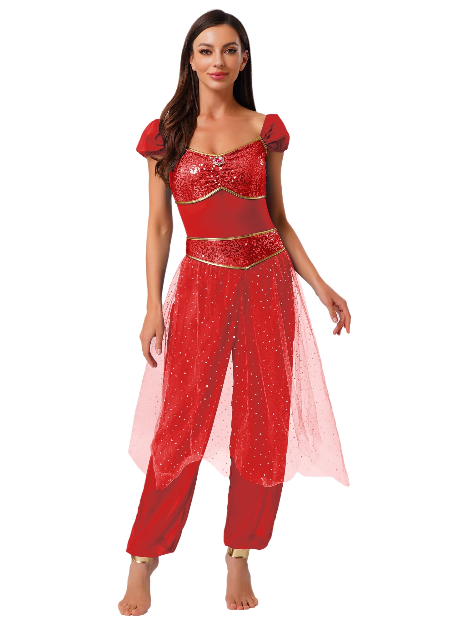 Aislor Women's Arabian Princess Sequin Belly Dance Halloween Jumpsuits with Tulle Party Red S ...