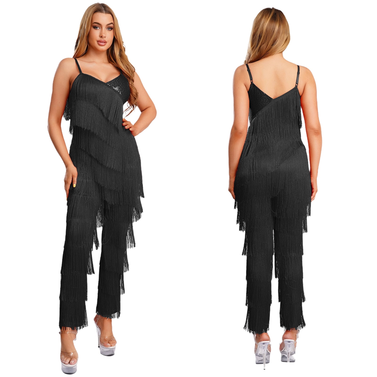Aislor Women's Ballroom Latin Tango Shiny Sequin Tassel Cami Romper ...