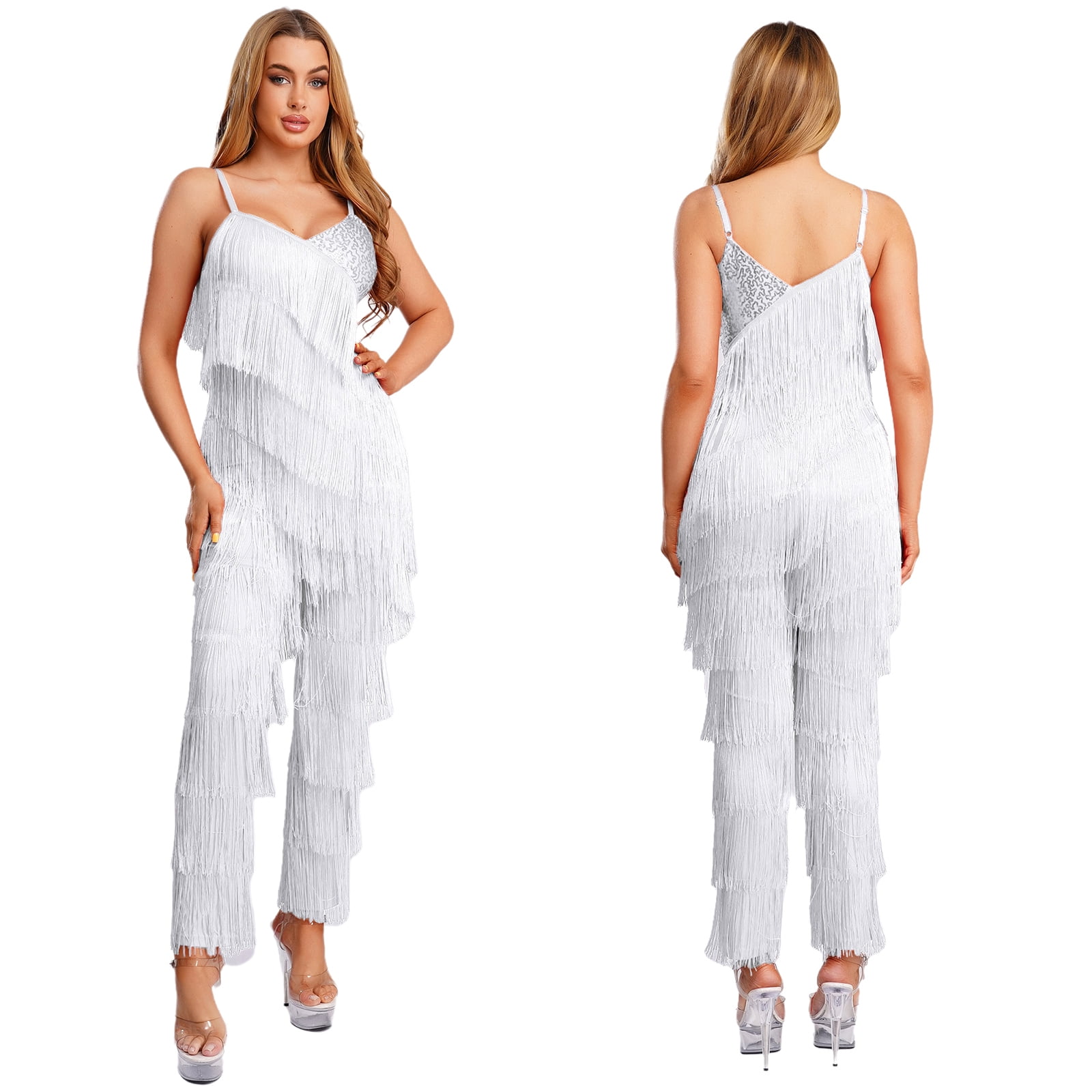 Aislor Women's Ballroom Latin Tango Shiny Sequin Tassel Cami Romper ...