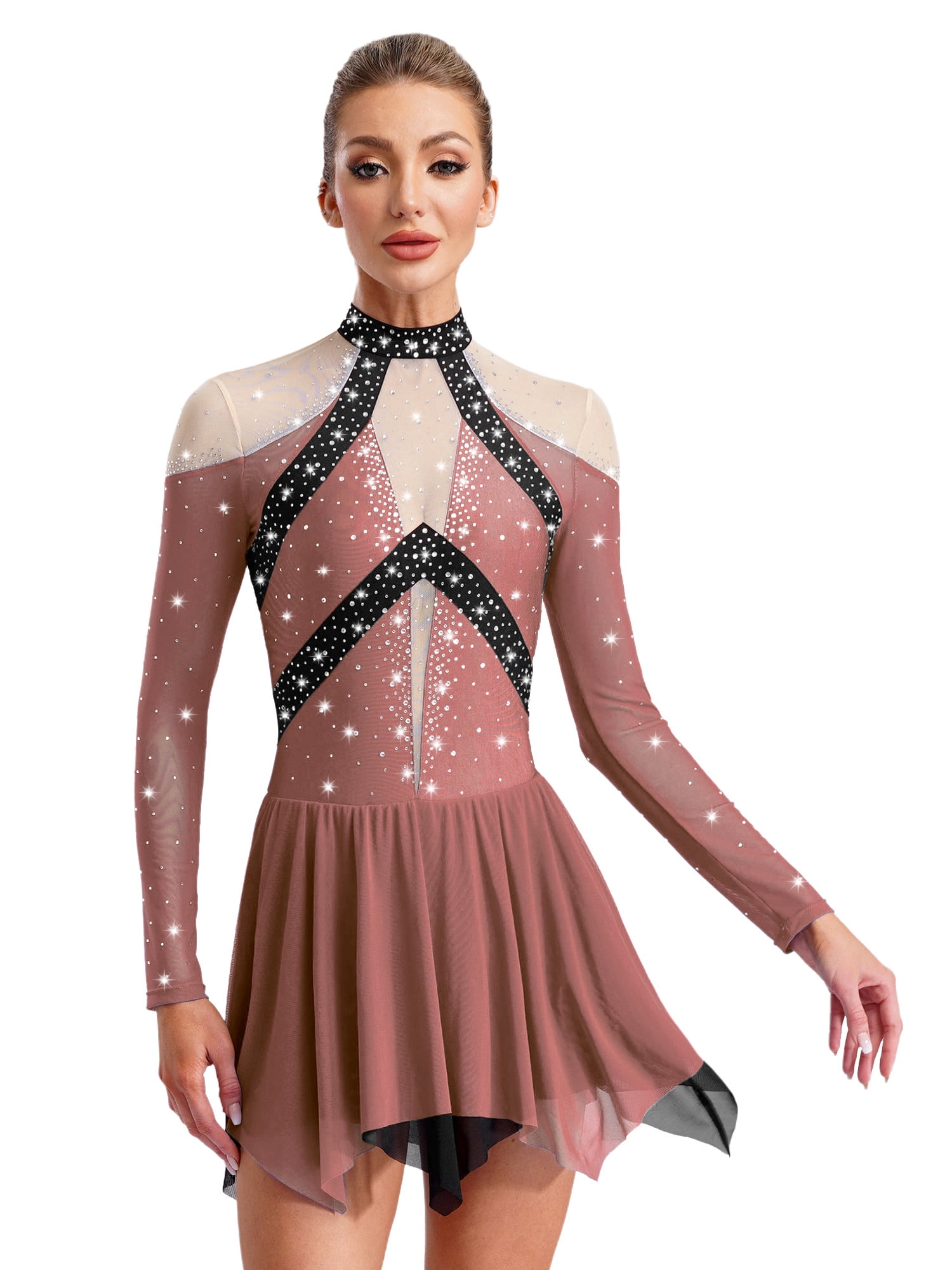 Aislor Women's Color Block Rhinestone Figure Skating Dress Irregular ...