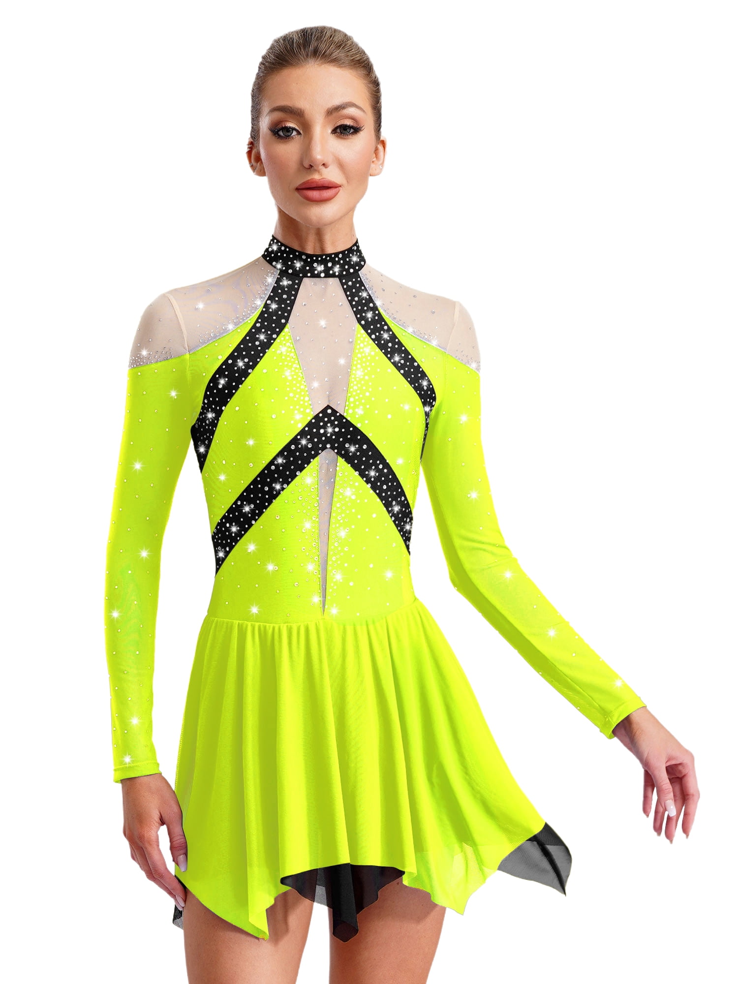 Aislor Women's Color Block Rhinestone Figure Skating Dress Irregular ...