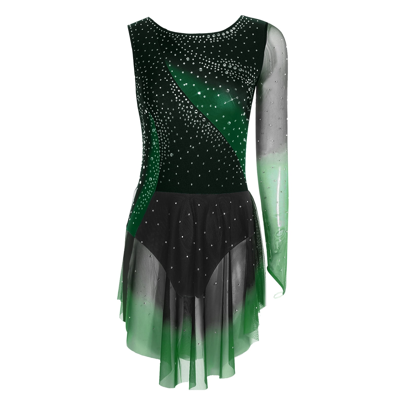 Aislor Women's Figure Ice Skating Dress Long Sleeve Rhinestones ...