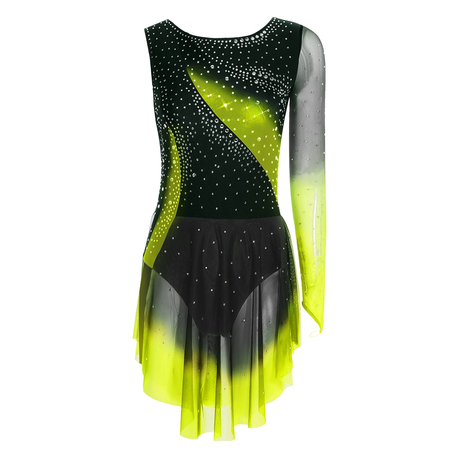 Aislor Women's Figure Ice Skating Dress Long Sleeve Rhinestones ...