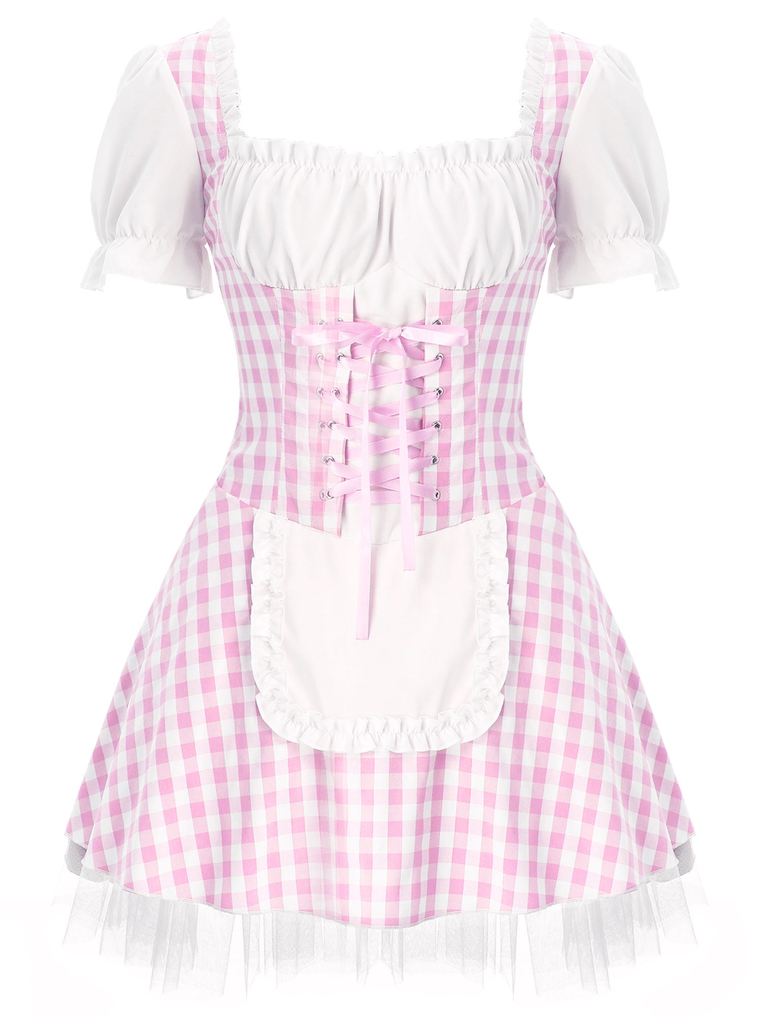 Aislor Women's French Maid Costume Short Puff Sleeve Frilly Plaid Apron ...