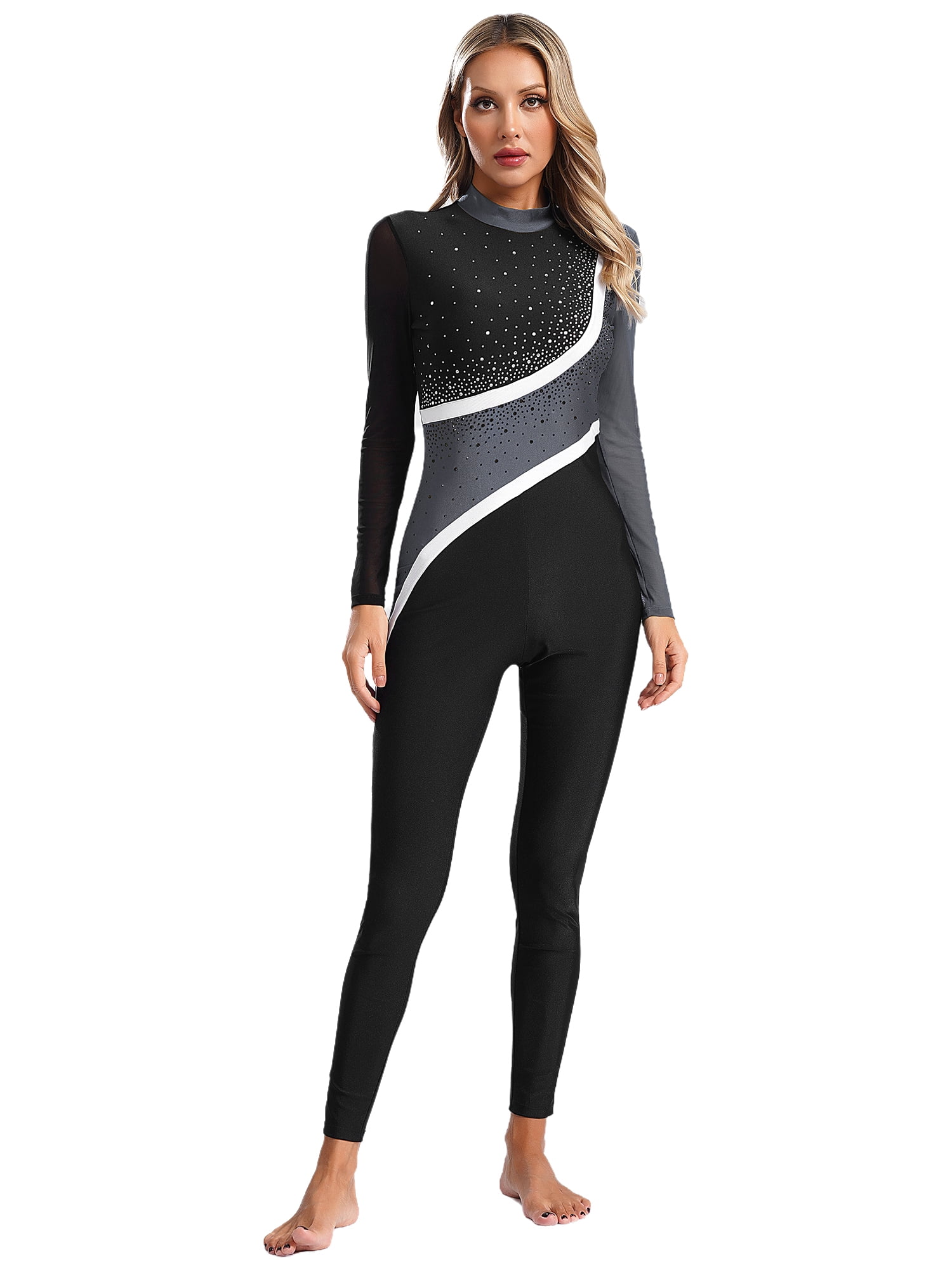 Aislor Women's Gymnastics Leotard Color Block Rhinestone Bodysuit ...