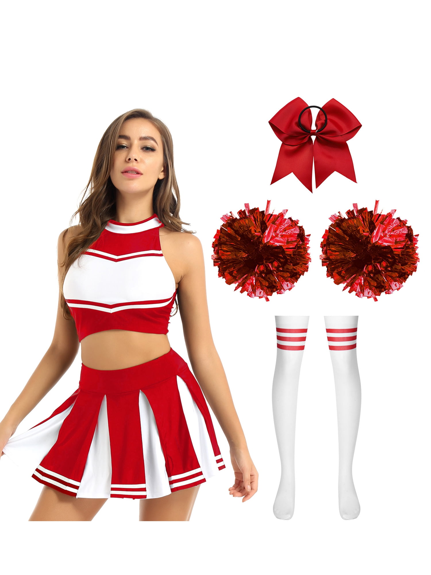 Aislor Women's Halloween Cheerleading Uniform Crop Top Skirt Pom Poms ...