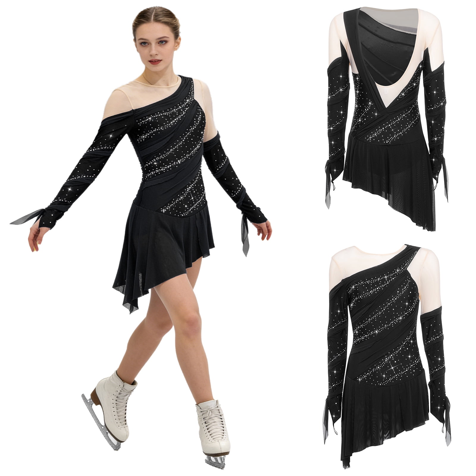 Aislor Women's Long Sleeve Figure Ice Skating Shiny Rhinestone Ballet ...