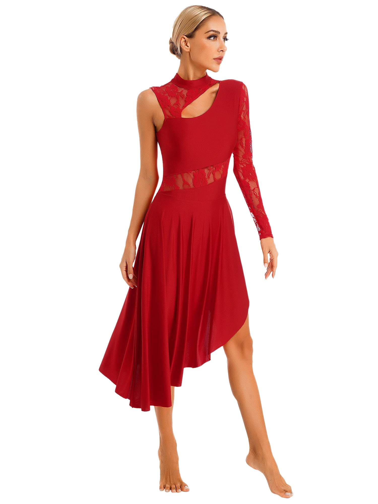 Aislor Women's Lyrical Dance Lace Patchwork One Shoulder Dress High Low ...