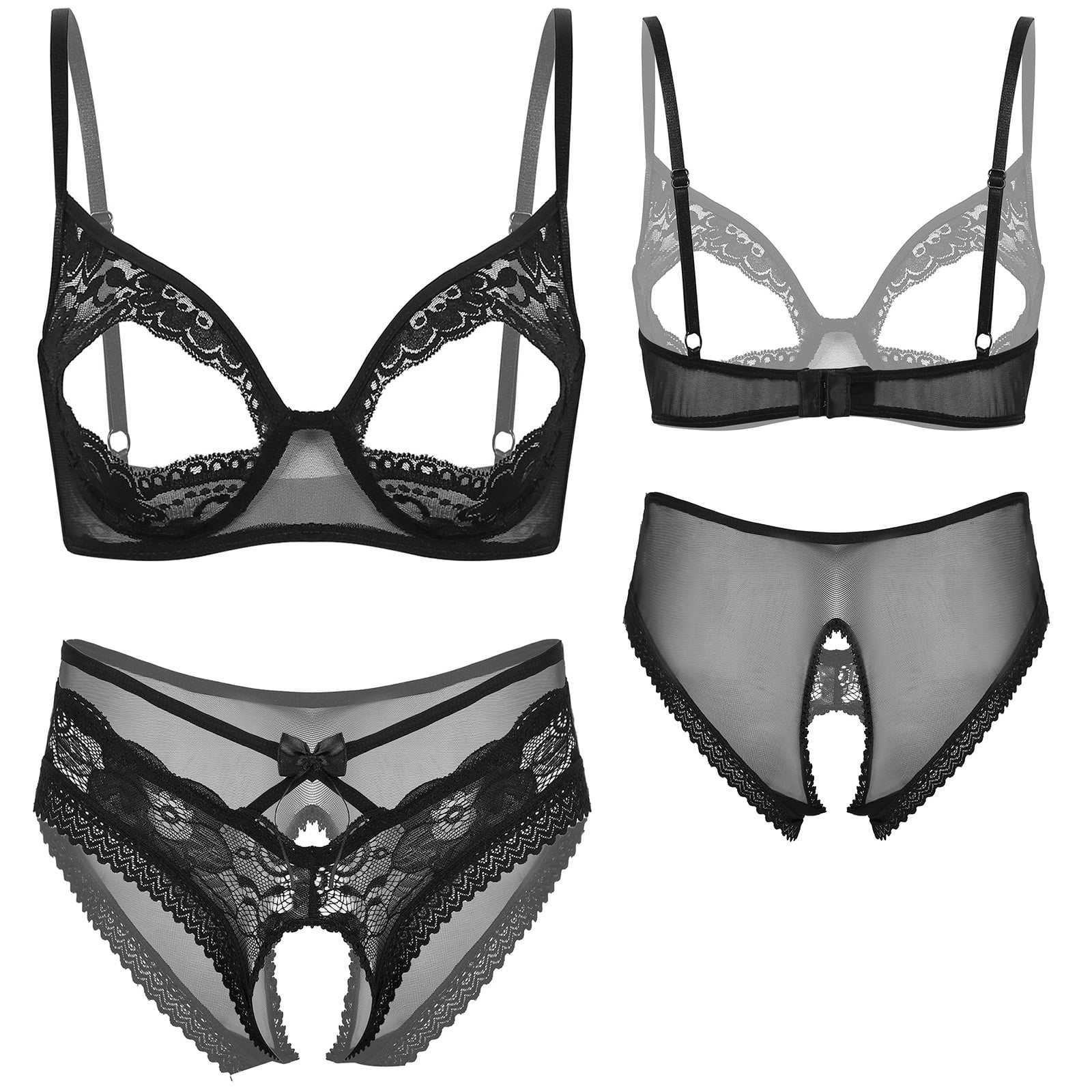 Aislor Womens Sheer Lace Lingerie Bra Tops With Briefs Underwear Black