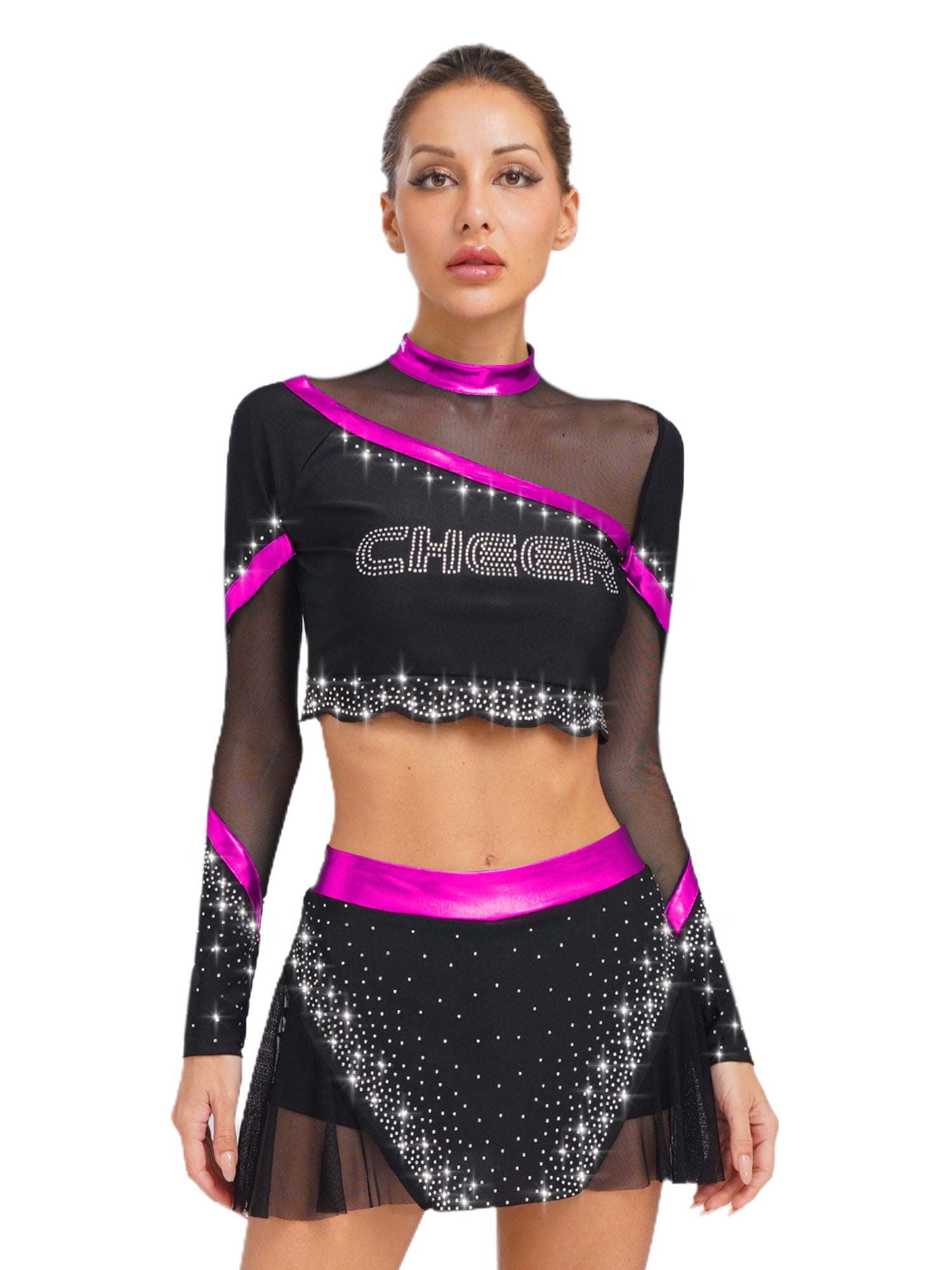 Aislor Womens 2 Piece Long Sleeve Cheerleading Outfits Crop Tops With ...
