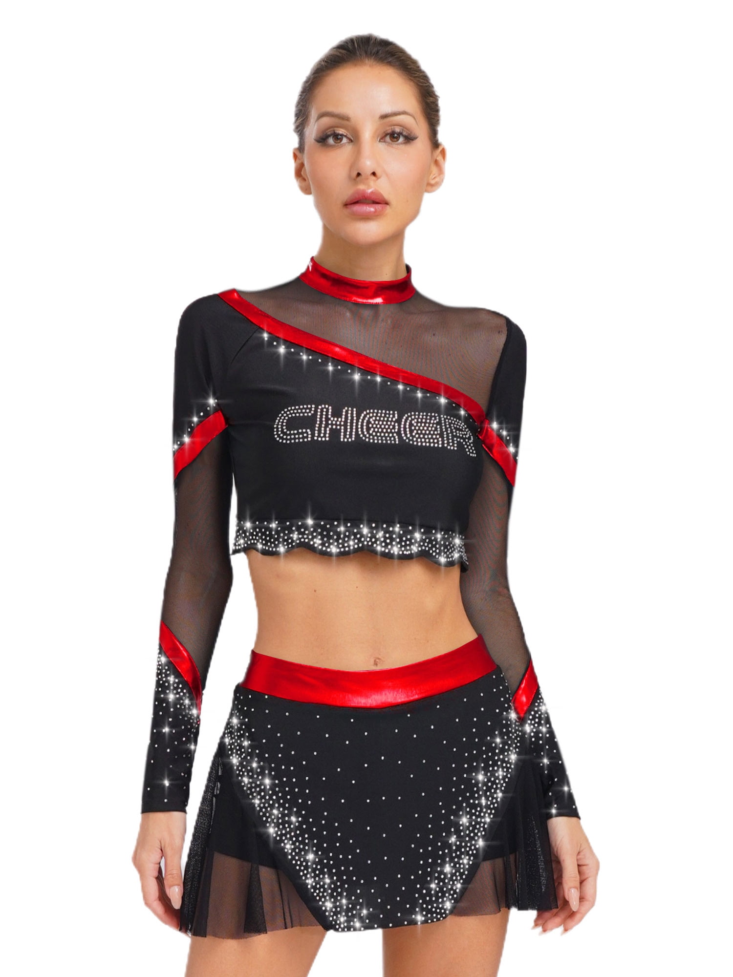 Aislor Womens 2 Piece Long Sleeve Cheerleading Outfits Crop Tops With ...