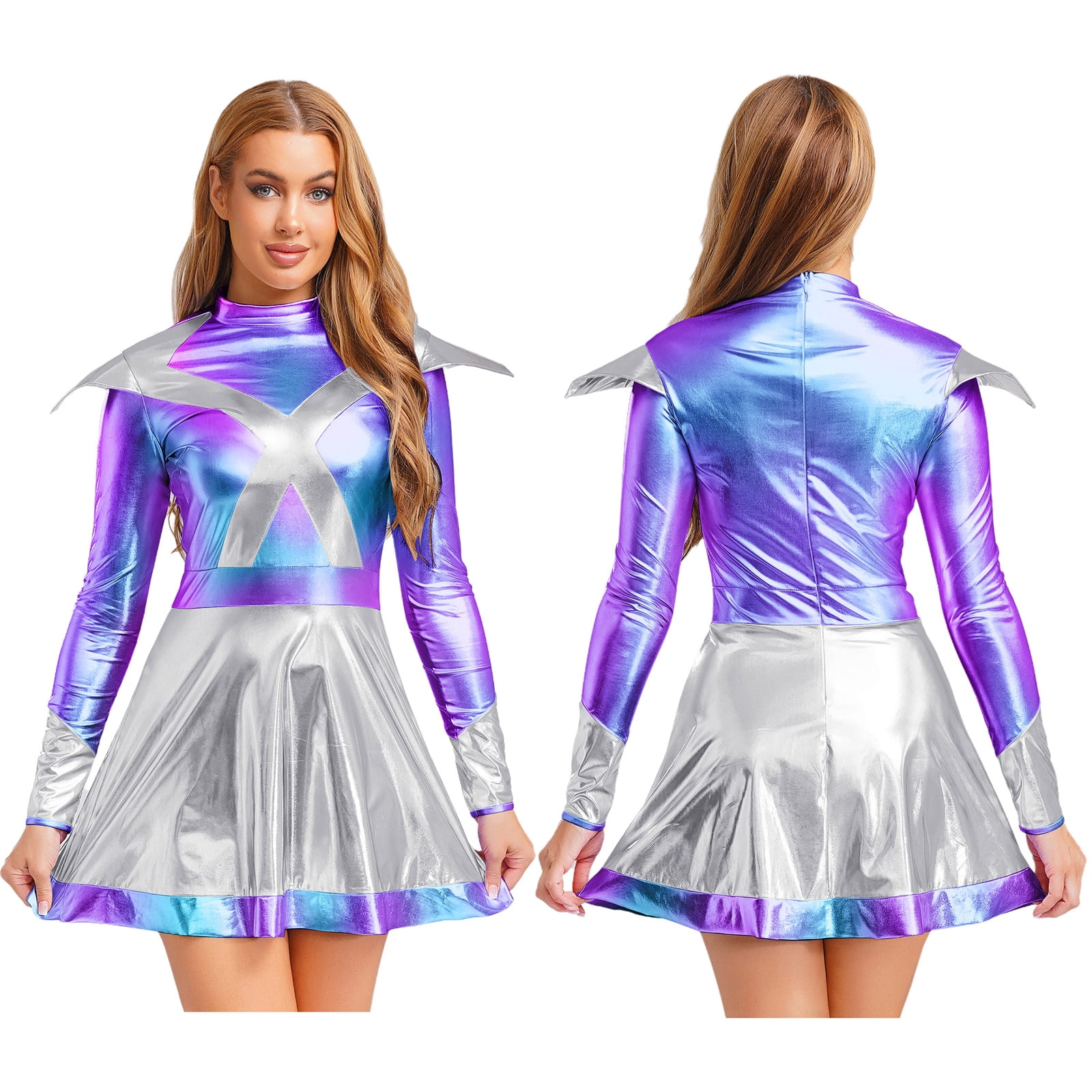 Aislor Womens Alien Robot Halloween Cosplay Long Sleeve Metallic Shiny ...