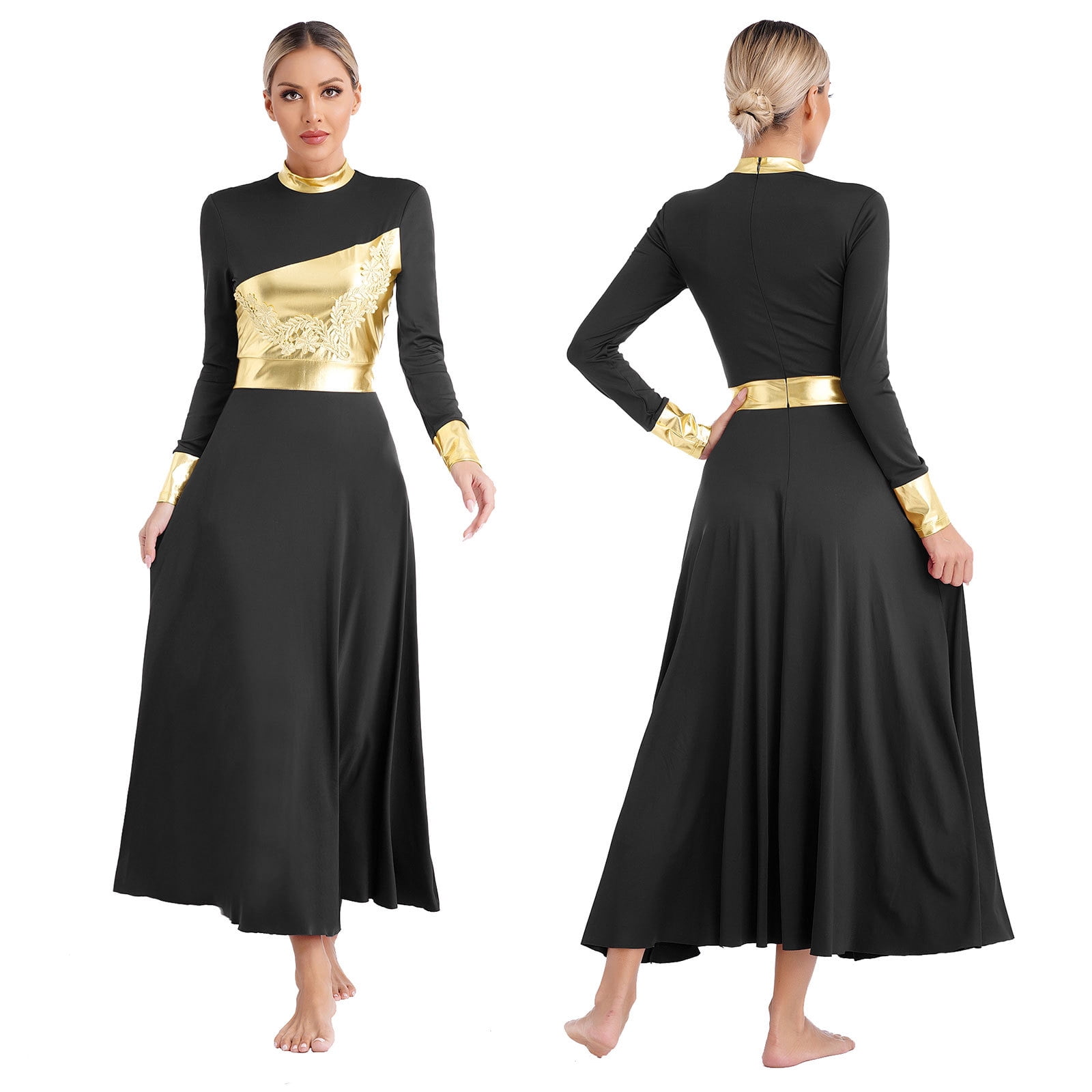 Aislor Womens Dance Dress Shiny Metallic Long Sleeve Lyrical Dancewear ...