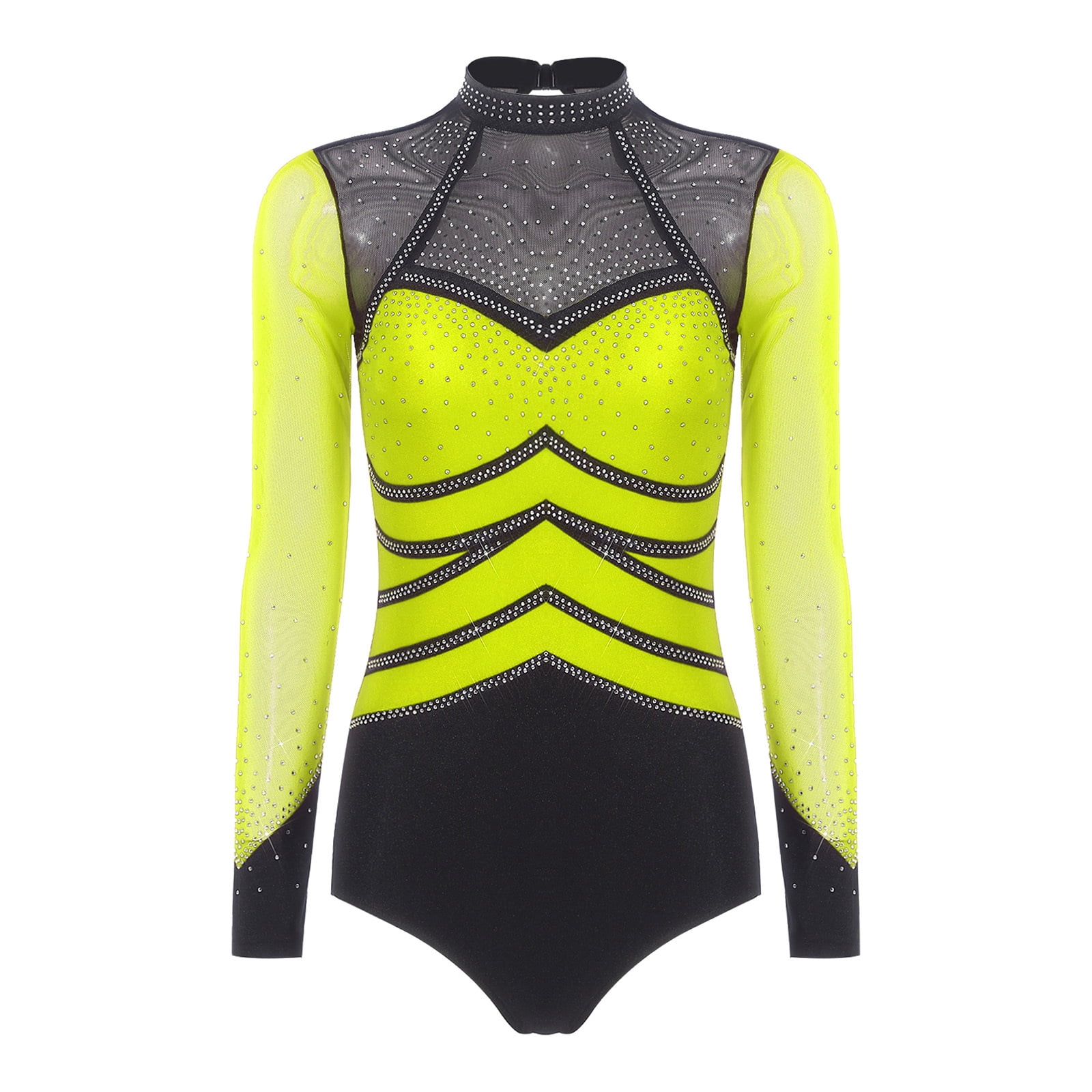 Aislor Womens Sheer Mesh Rhinestones Gymnastics Leotard Long Sleeve ...
