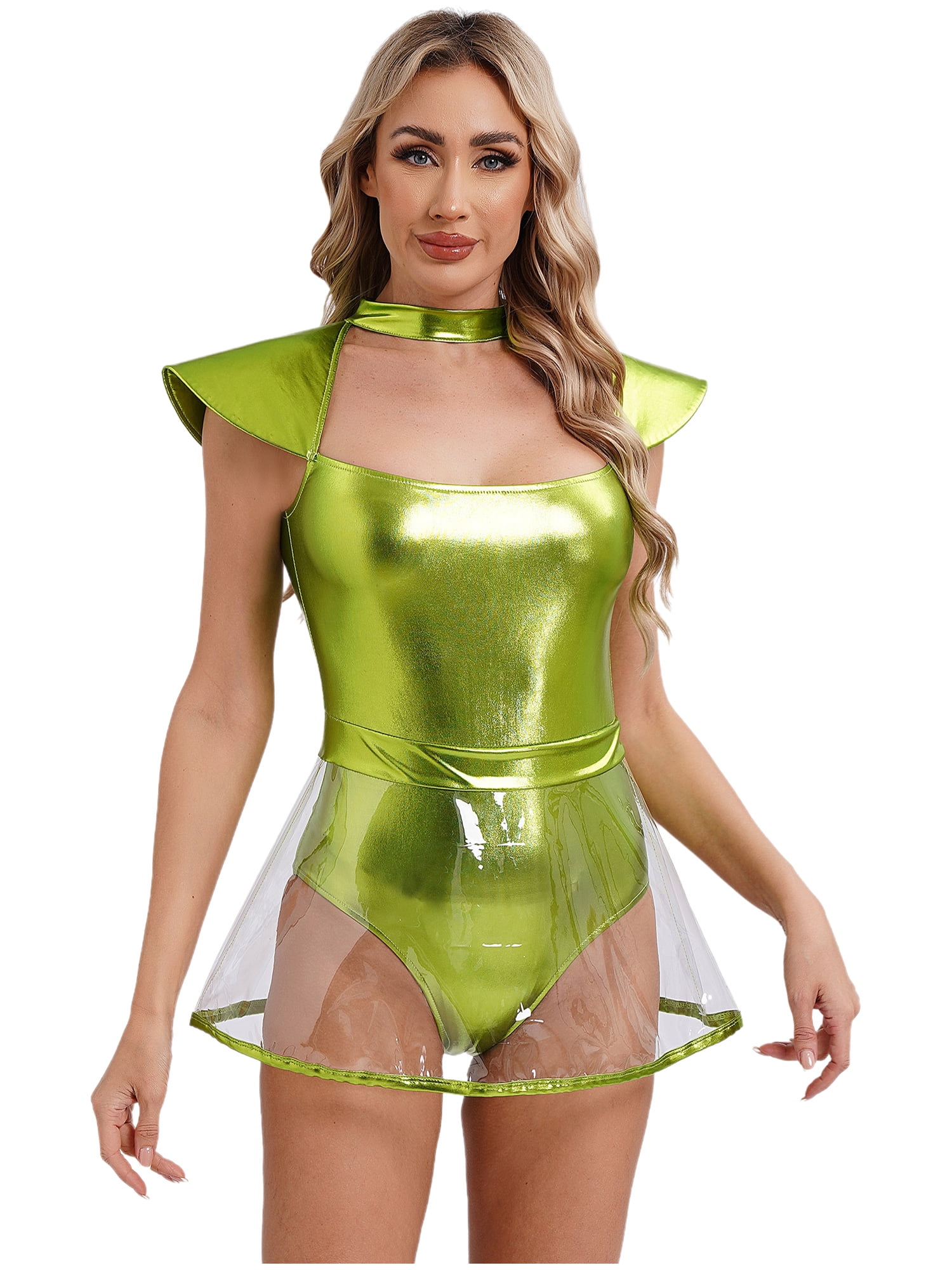 Aislor Womens Shiny Metallic Alien Costume Fly Sleeve Leotard Dress Halloween Astronaut Theme ...