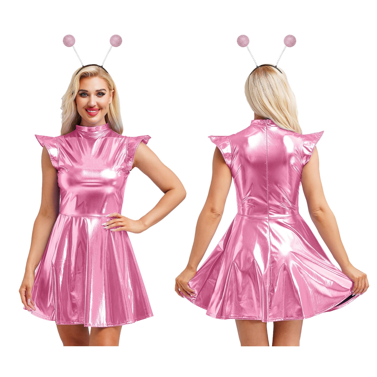 Aislor Womens Shiny Metallic Mini Dress with Headwear Holographic for ...