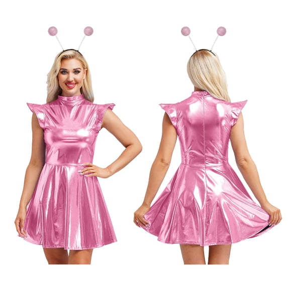 Aislor Womens Shiny Metallic Mini Dress with Headwear Holographic for ...
