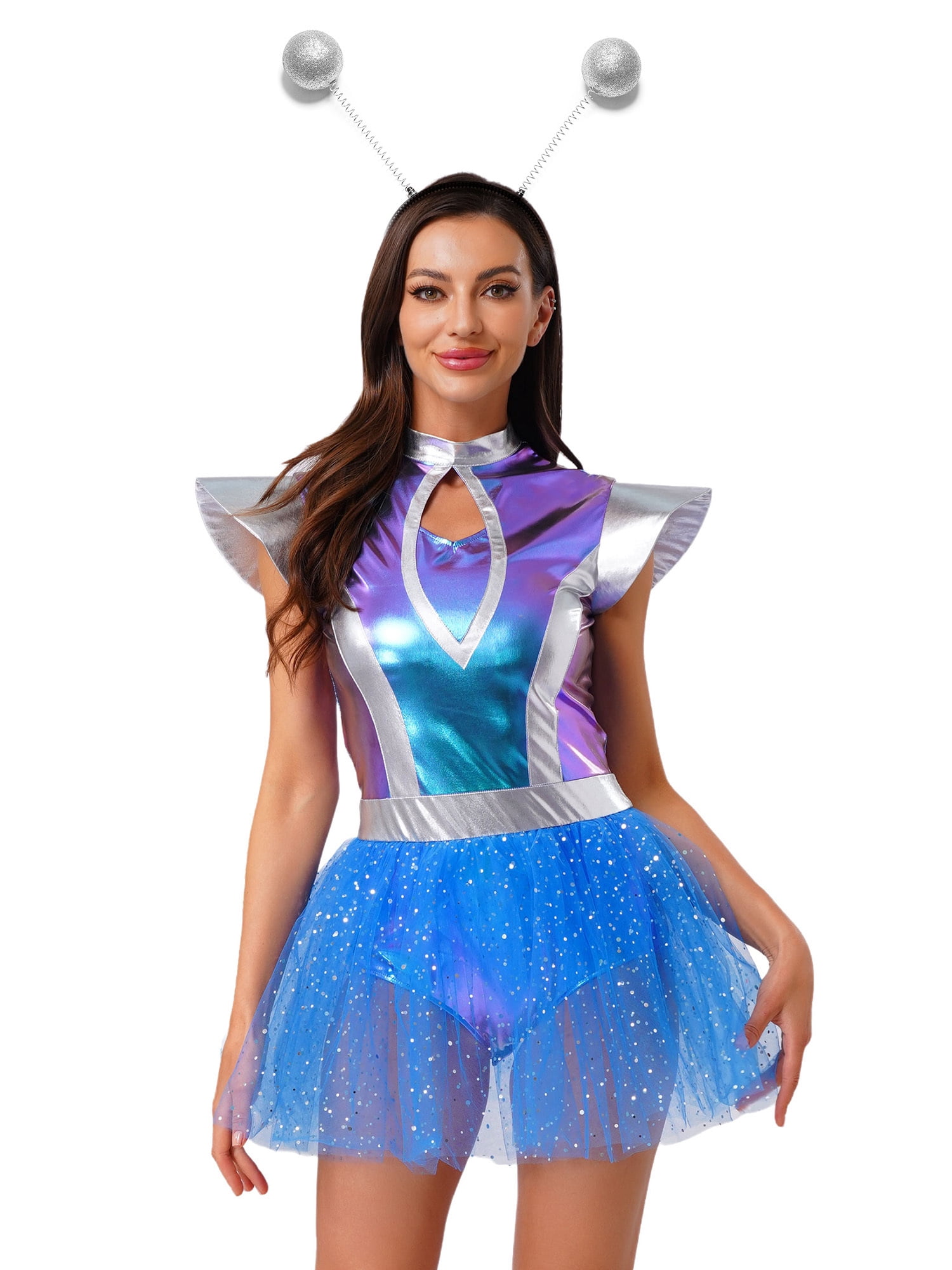 Aislor Womens Shiny Metallic Space Alien Color Block Tutu Dress with ...