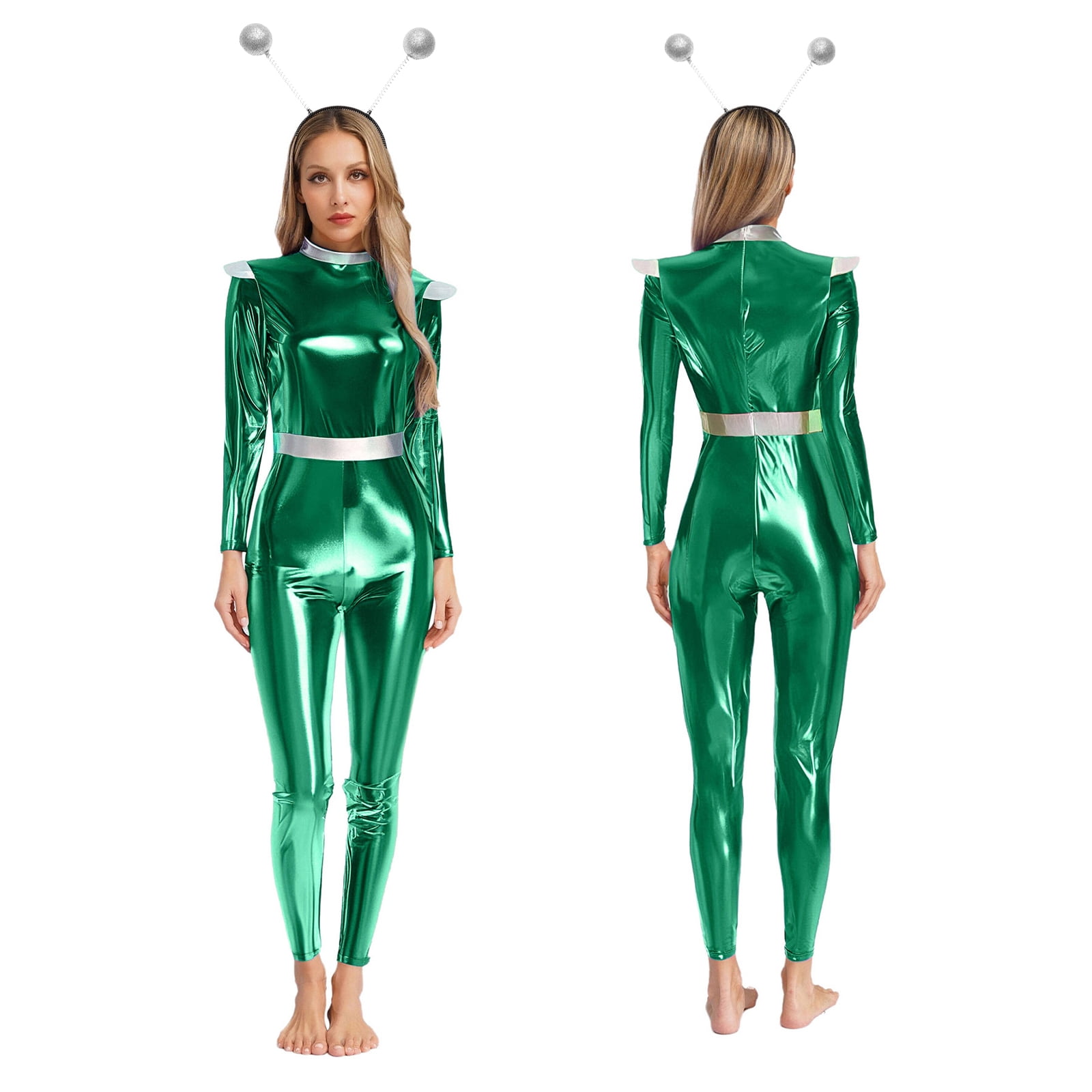 Aislor Womens Shiny Metallic Unitard Astronaut Jumpsuit with Alien ...