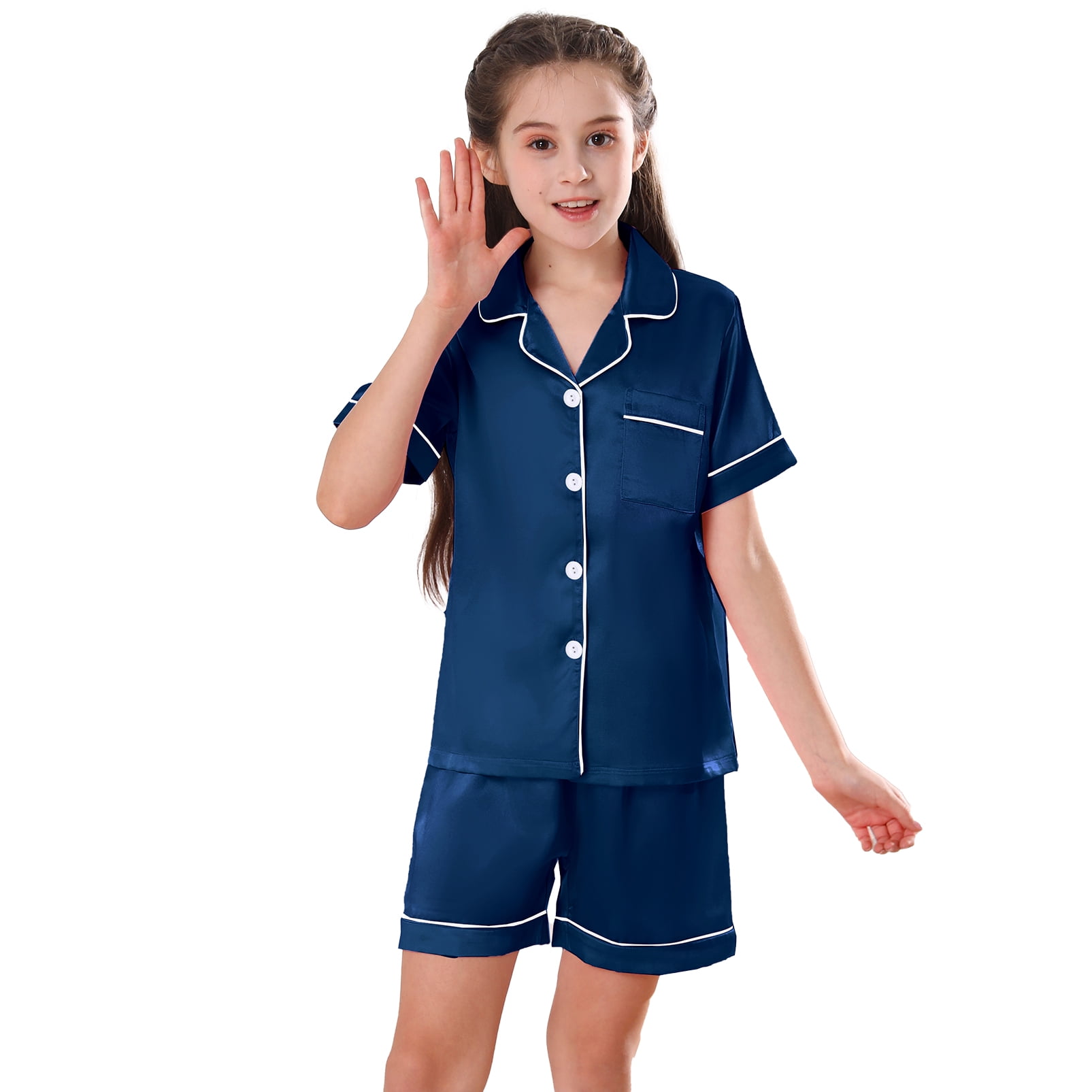 Aisomnus Girls' Kids' Silk Pajama Set | Silk Satin | Short Sleeve Tops ...