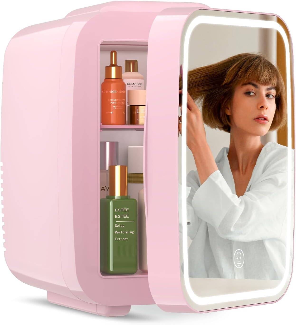 Anoak Skincare Fridge with Dimmable LED Light Mirror,4 Liter/6 Can Mini ...