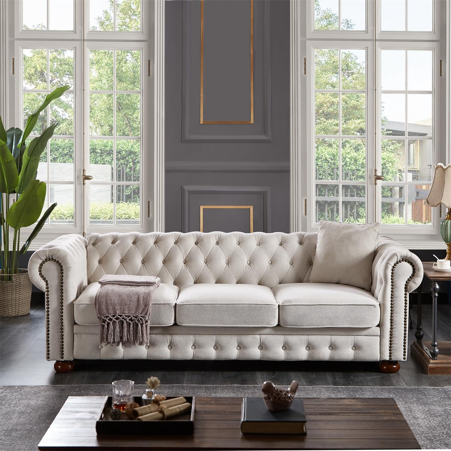 Aisword 3-Seat Chesterfield Sofa, Button Tufted Linen Couch with ...