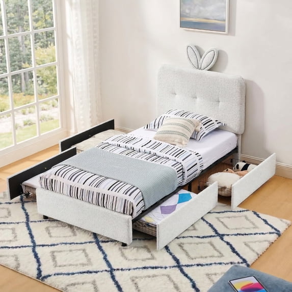 Aisword Twin Upholstered Bed Frame with 4 Storage Drawers & Rabbit Ear ...
