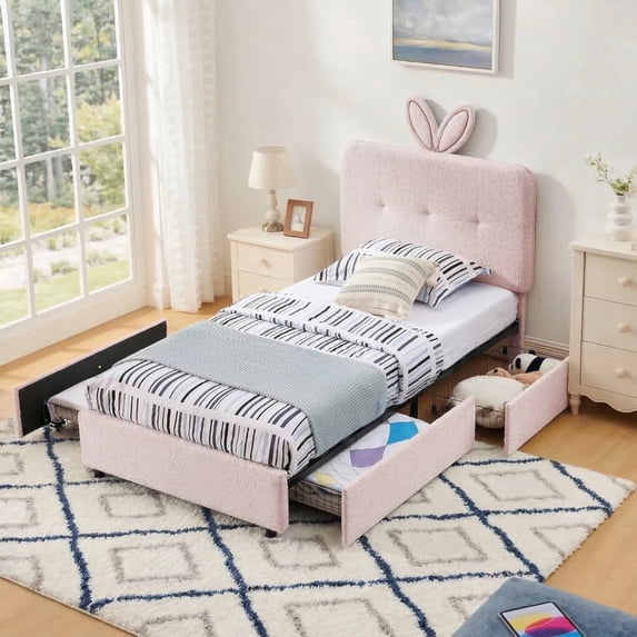 Aisword Twin Upholstered Bed Frame with 4 Storage Drawers & Rabbit Ear ...