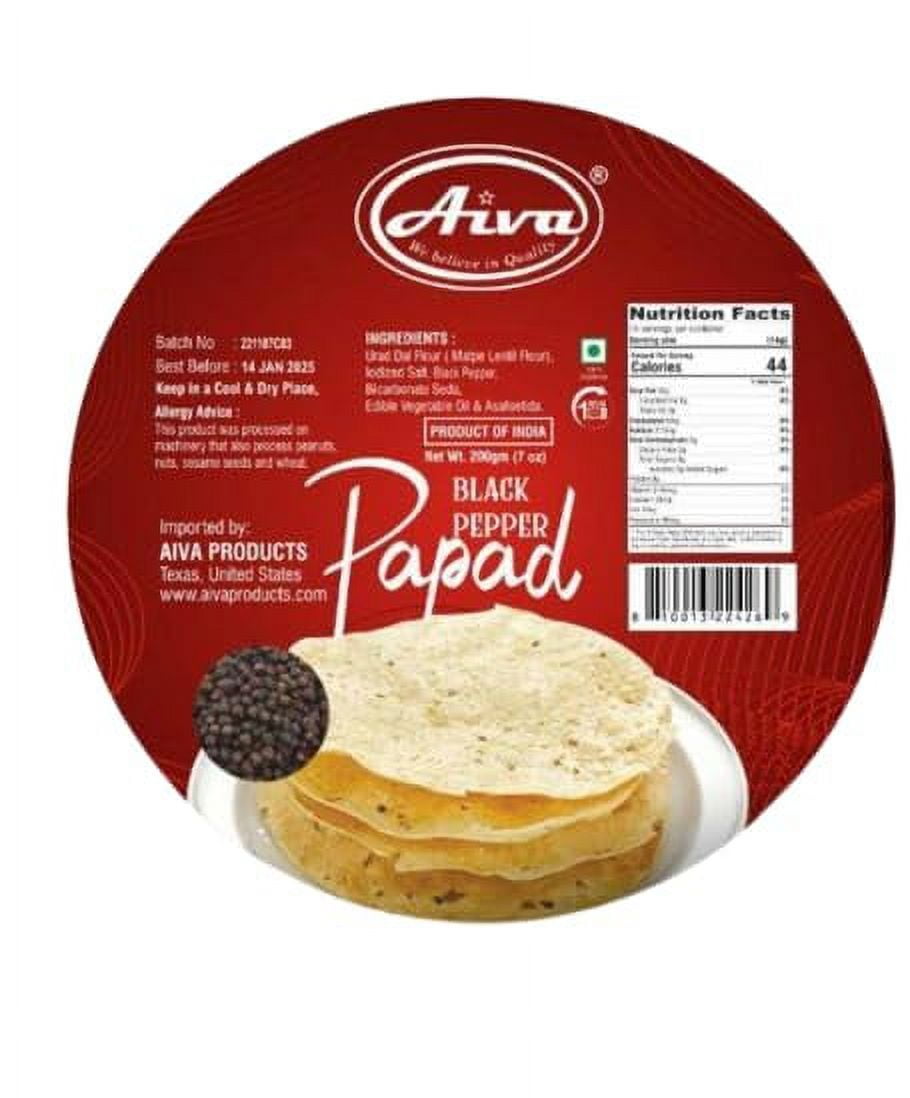Aiva Pappadums (Indian Lentil SBF3 Wafer Snack) Black Pepper Papad 200g ...