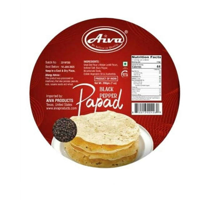 Aiva Pappadums (Indian Lentil SBF3 Wafer Snack) Black Pepper Papad 200g ...