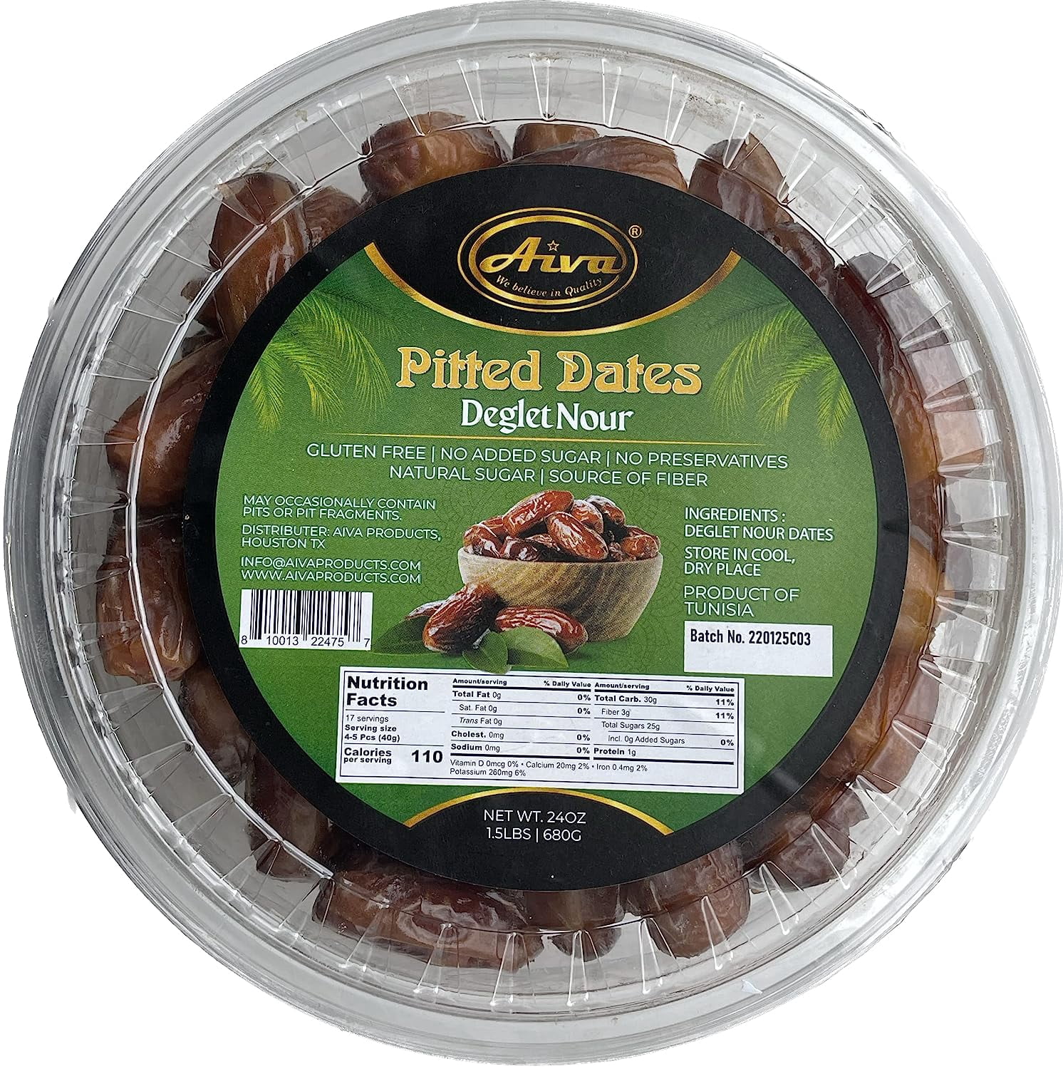 Aiva Tunisian Pitted Dates - All Natural, Fat Free, Deglet Noor Pitted ...