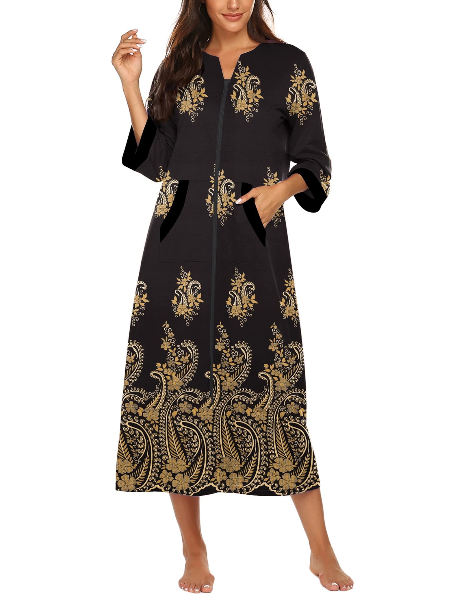 Avidlove Women Zipper Front Robes 3/4 Sleeve Housecoat Full Length ...