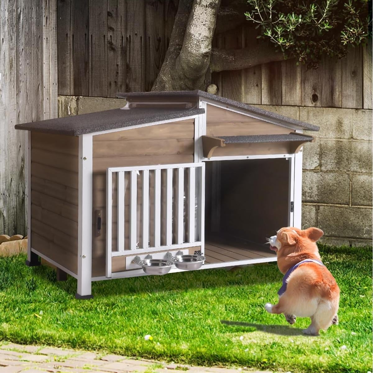 Aivituvin Dog House Outdoor with Bowls Weatherproof Dog Kennel with ...