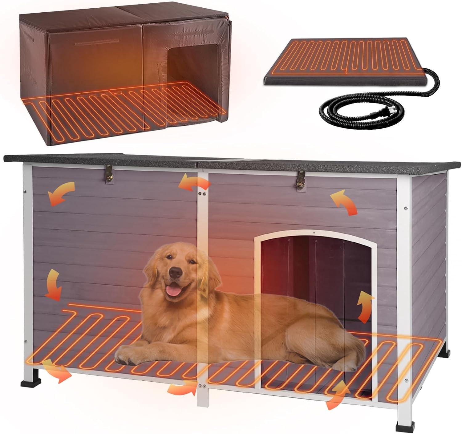 Aivituvin Heated Insulated Dog House Wooden Outdoor Dog Kennel for ...