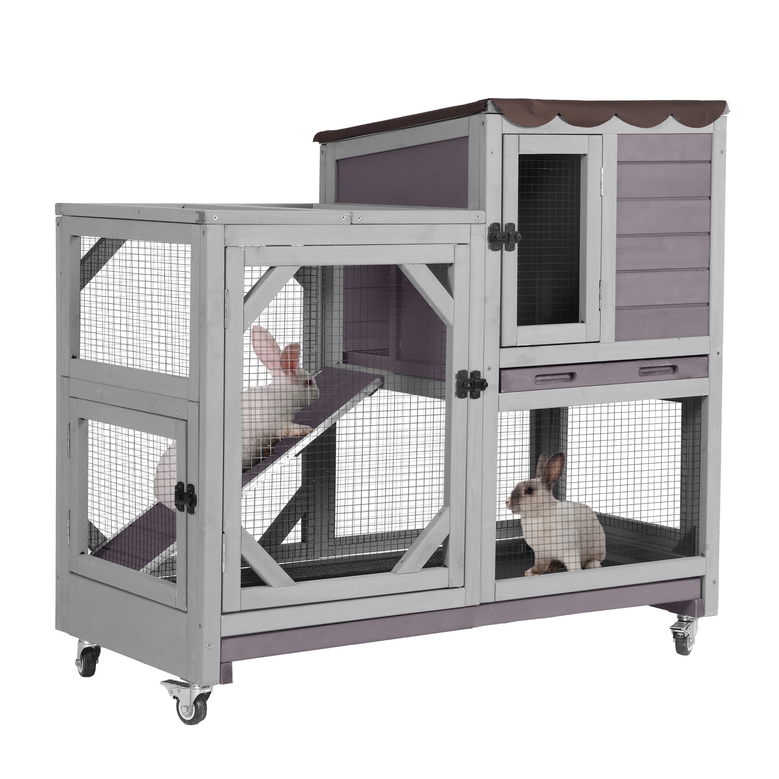 Aivituvin Rabbit Cage Indoor Outdoor Bunny Hutch on Wheels, 2 Story ...