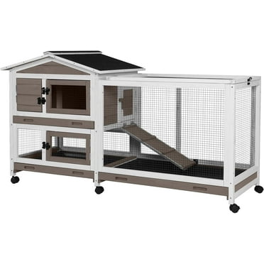 Aivituvin Rabbit Cage Indoor Outdoor Bunny Hutch on Wheels, 2 Story Wood Guinea Pig Cages with 2 ...