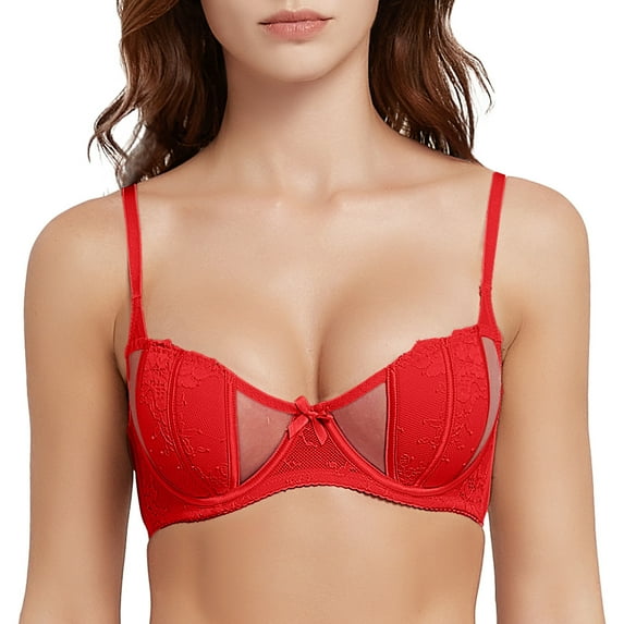 Aivtalk Women's Lace Balconette Bra Mesh Underwire Unlined Demi See Through Push Up Adjustable ...