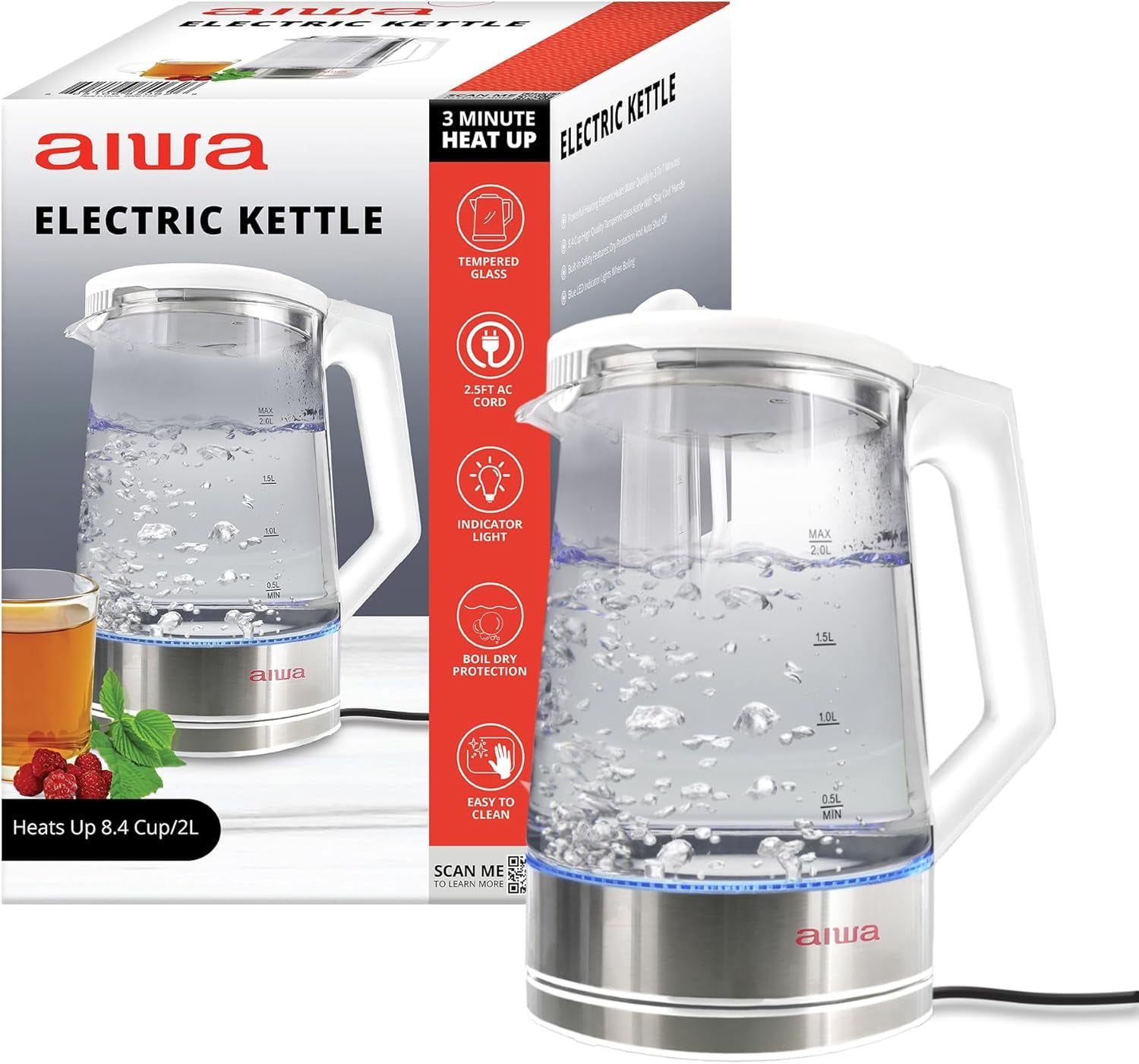 Aiwa 2 Liter Electric Water Kettle, Glass Tea Kettle with Blue LED ...