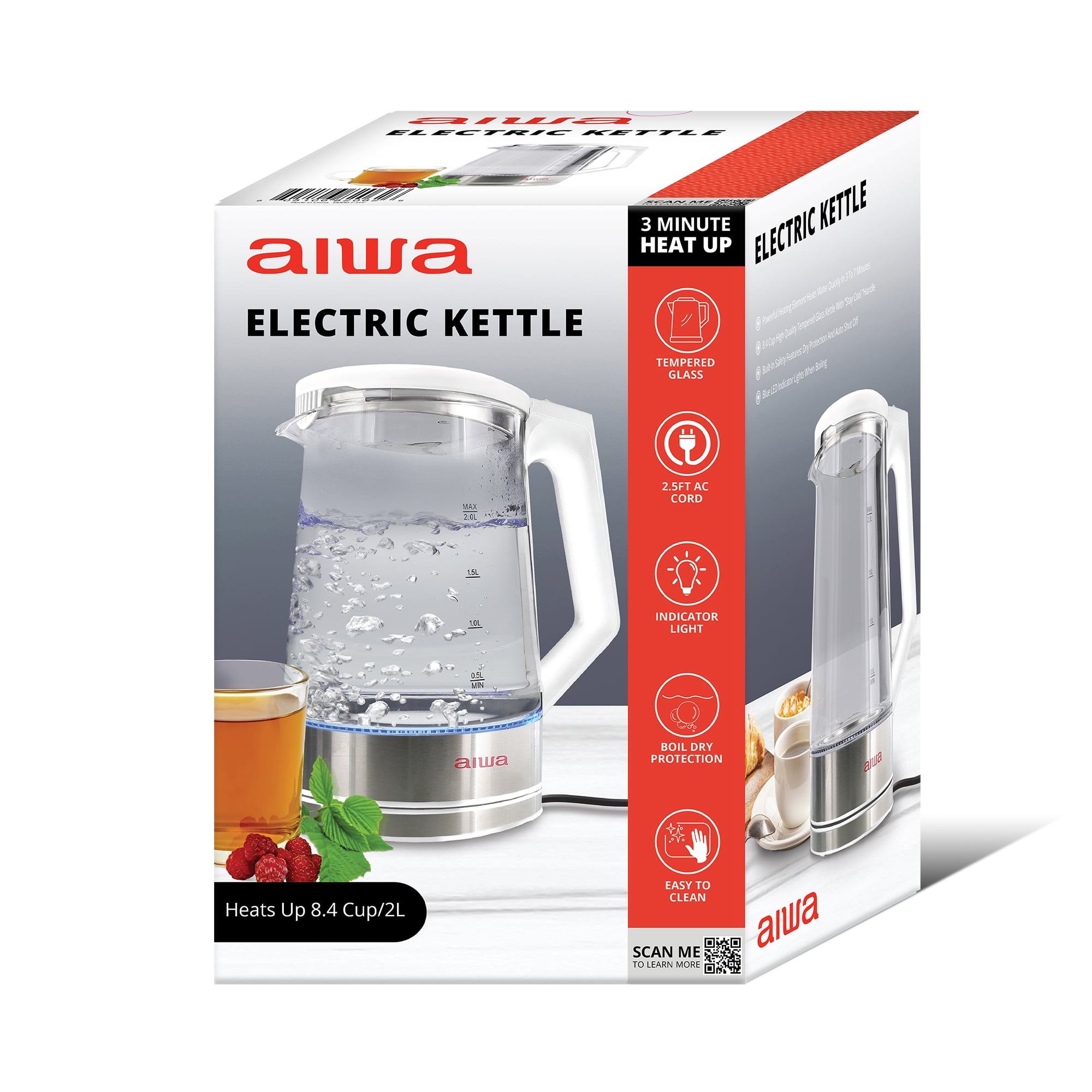 Aiwa 2 Liter Electric Water Kettle, 8.4 Cups Fast Hot Water Boiler ...
