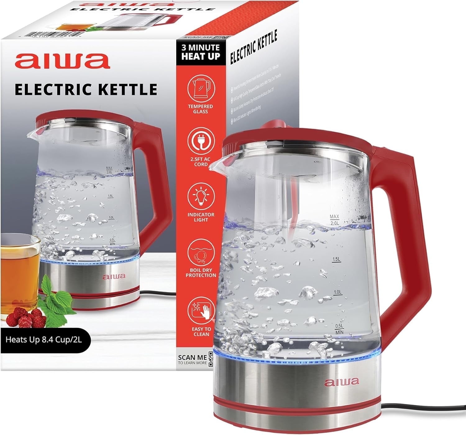 Aiwa 2-Liter Glass Electric Water Kettle, Cordless Hot Water Boiler ...