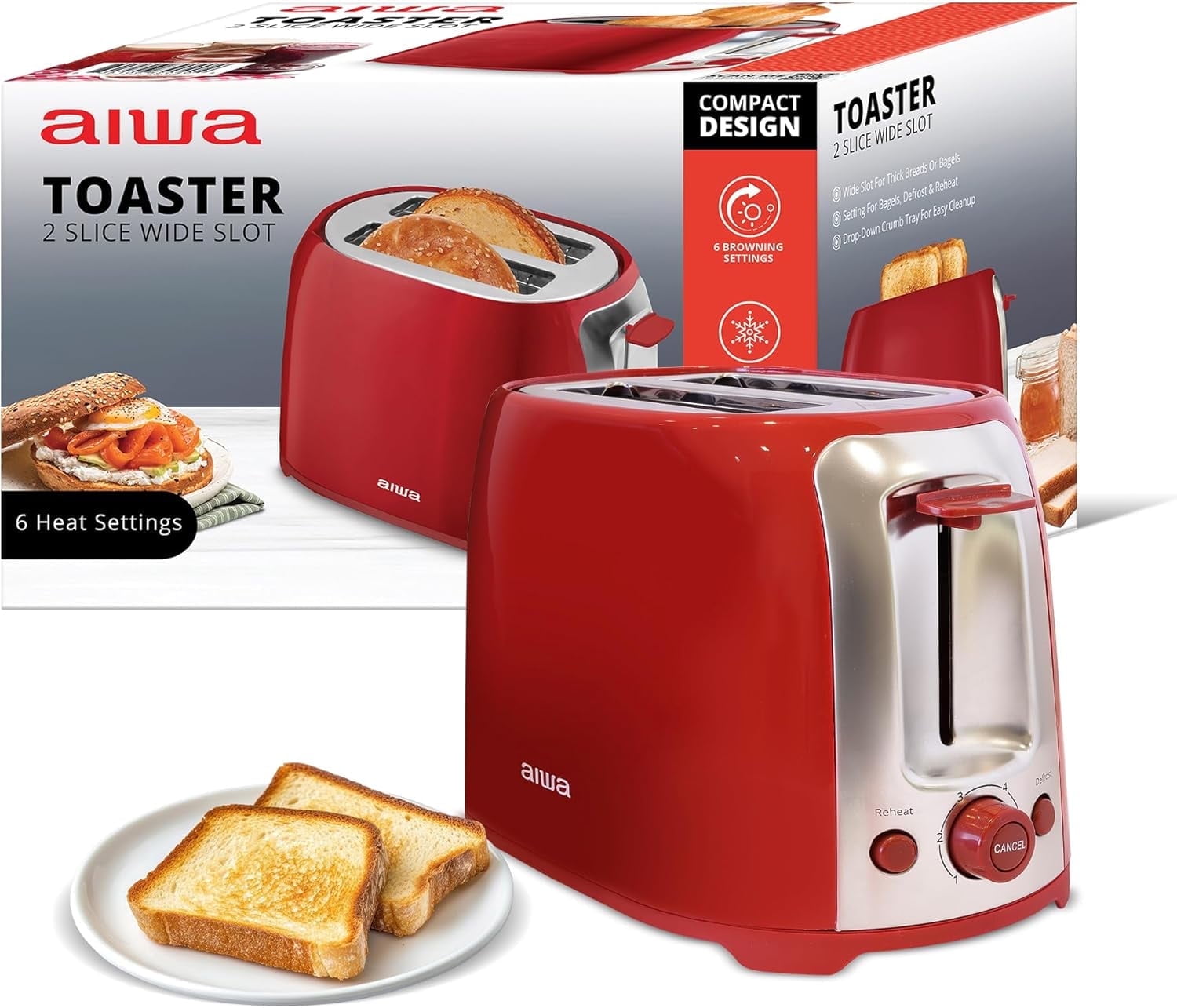Aiwa 2-Slice Red Toaster with Wide Slot, Reheat & Defrost Functions, 6 ...
